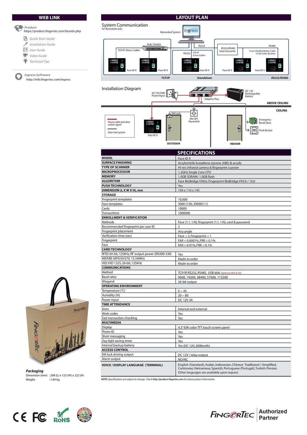 FingerTec Face ID X Face Recognition & Time Attendance System