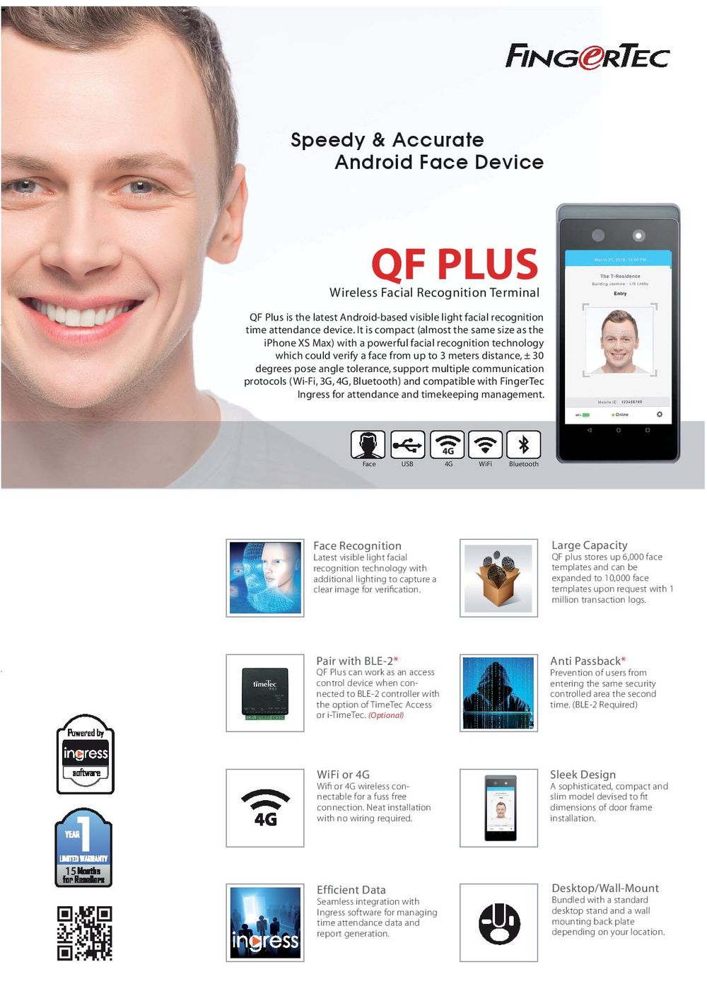 FingerTec QF Plus Wireless QR Code & Facial Recognition Terminal